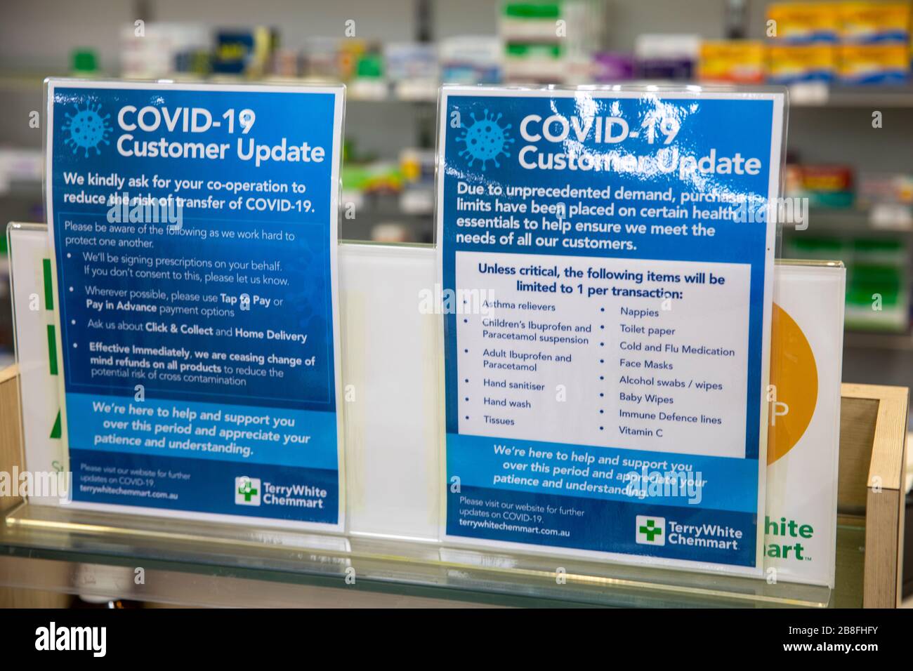 Sydney, Australia. 22nd March 2020. Sydney chemist displays sign ...