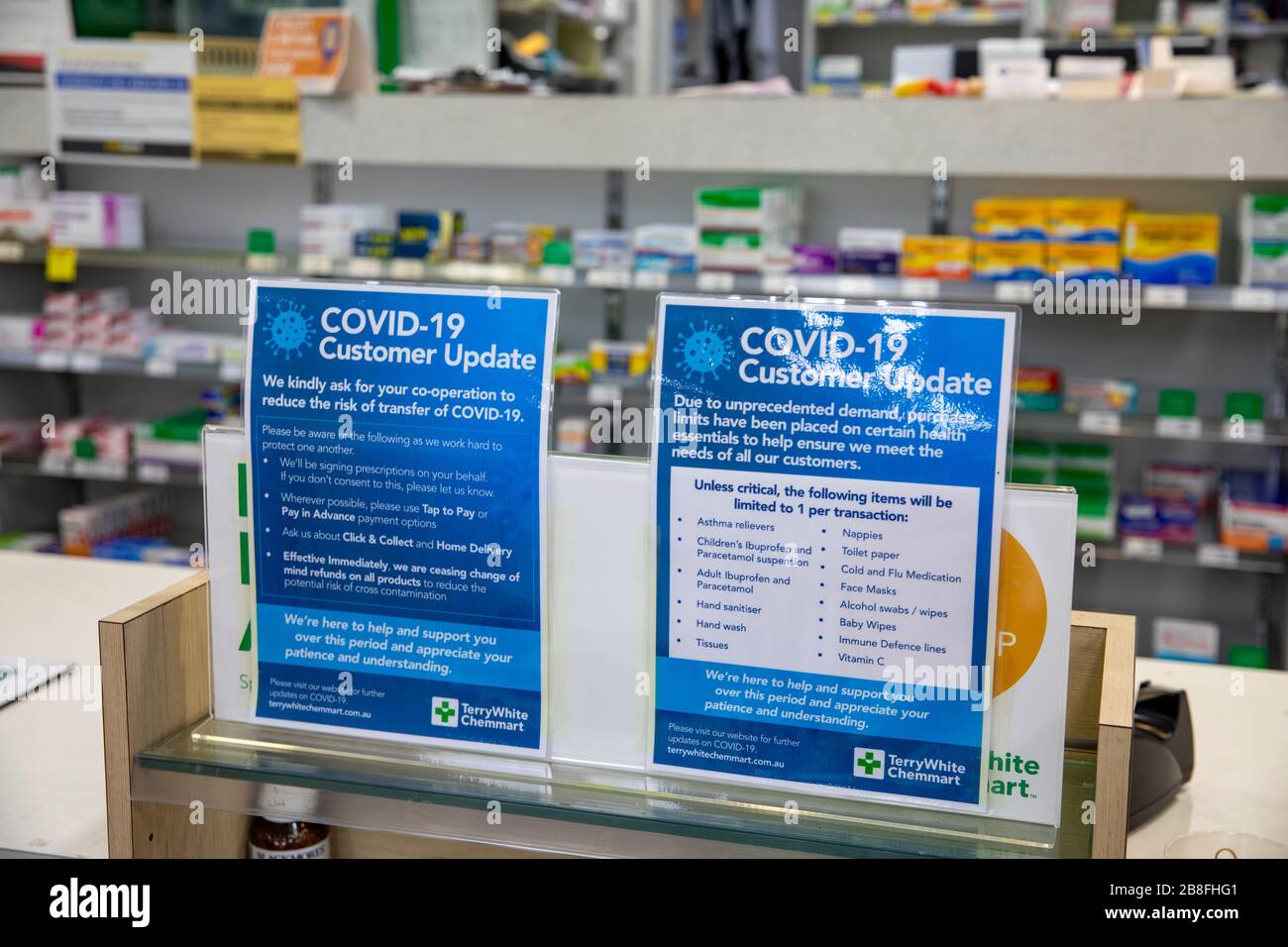 Sydney, Australia. 22nd March 2020. Sydney chemist displays sign ...
