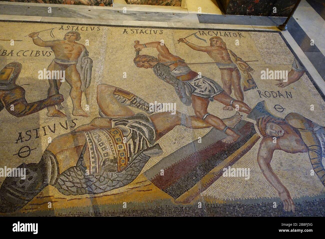 Gladiators, fragment, Roman, 300-400 AD, marble and limestone mosaic ...