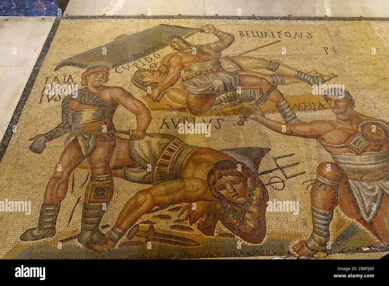 Gladiators, fragment, Roman, 300-400 AD, marble and limestone mosaic ...