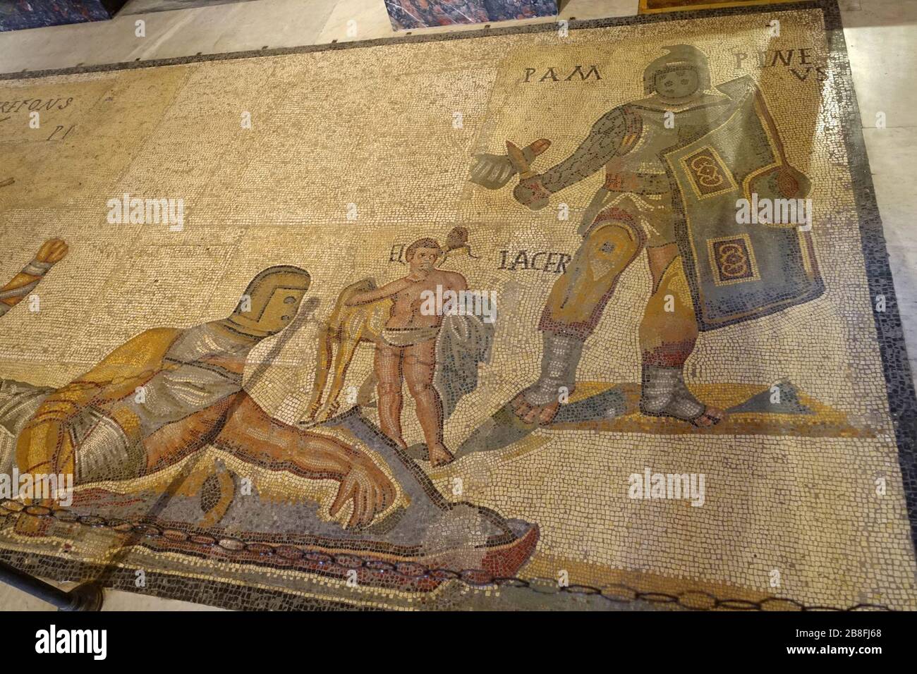 Gladiators, fragment, Roman, 300-400 AD, marble and limestone mosaic ...