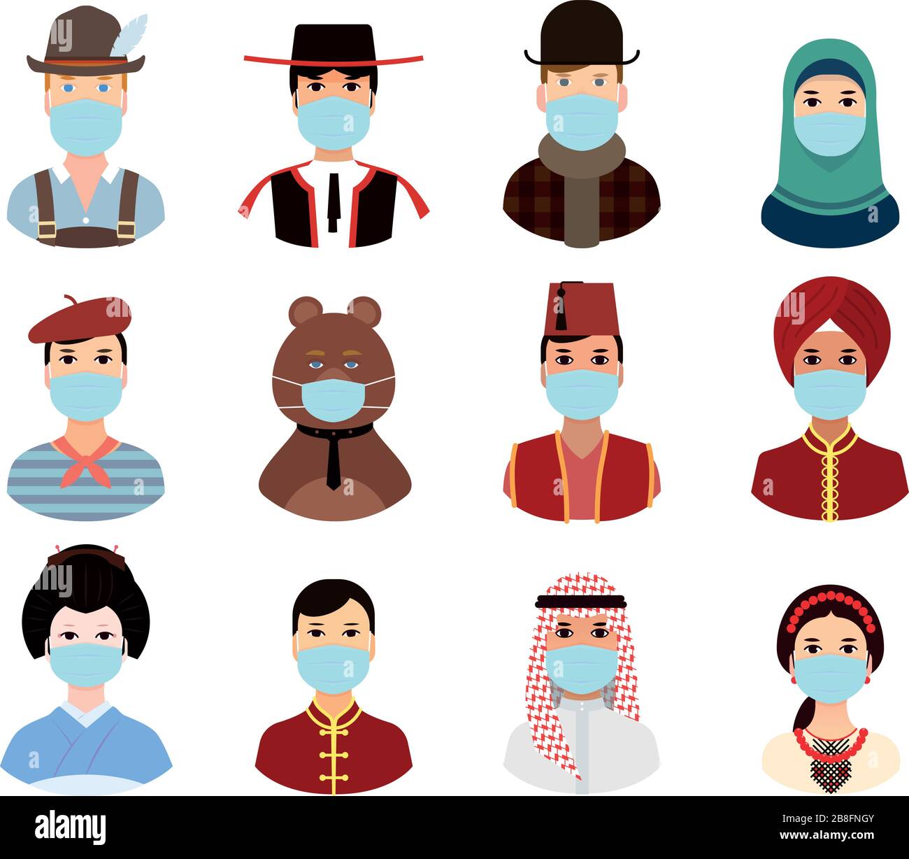 People around the world countries in national clothes put on a masks ...