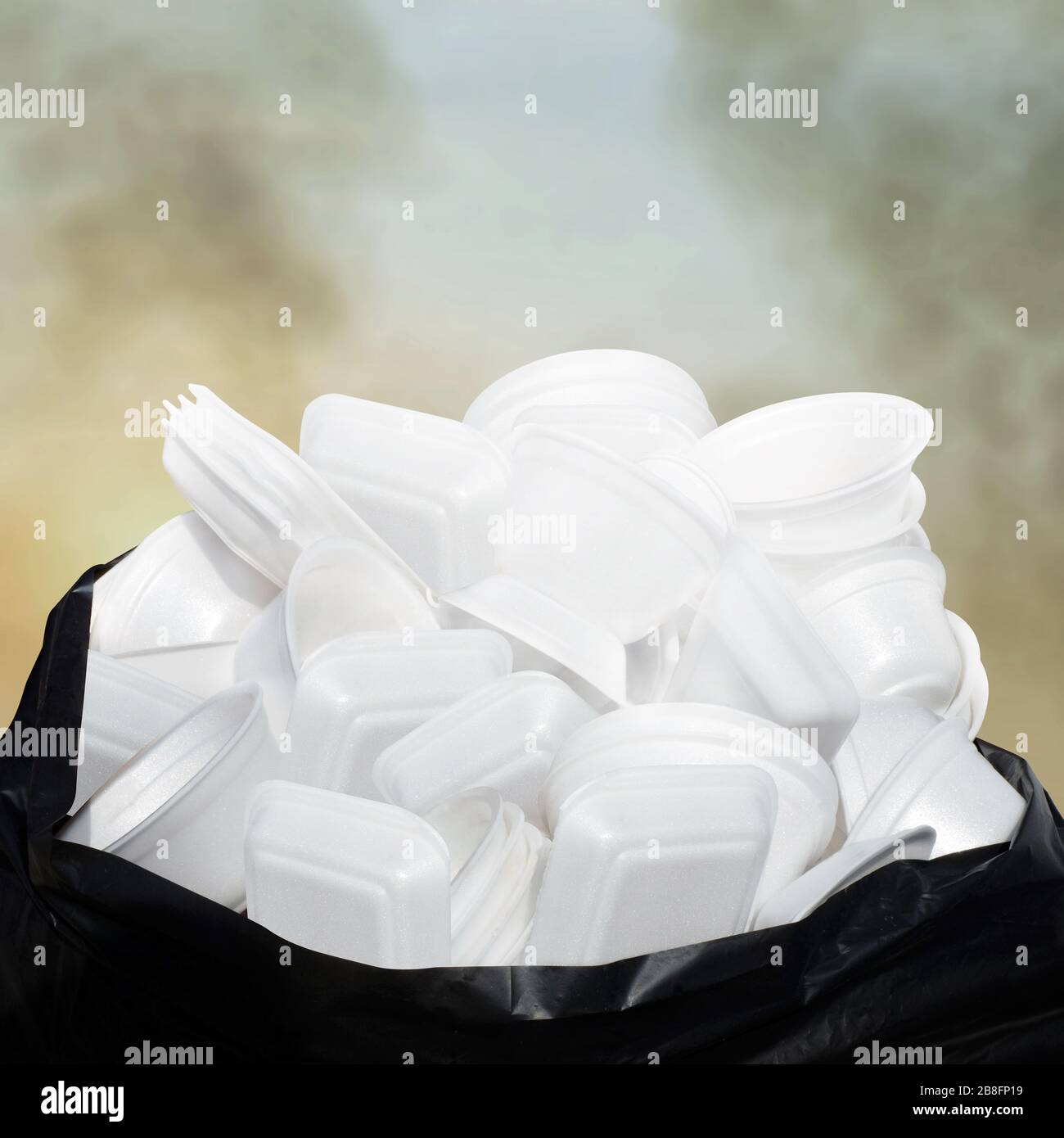 Waste Garbage foam food tray white many pile on the plastic black bag ...