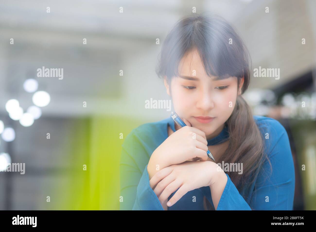 Beautiful portrait young asian woman writer smiling thinking idea and ...