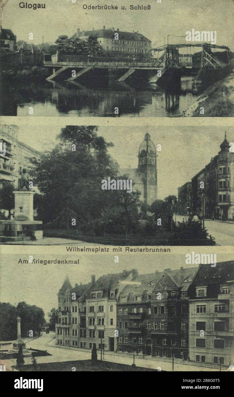 Glogau, Schlesien - Oderbrücke und Schloss; Wilhelmsplatz mit ...