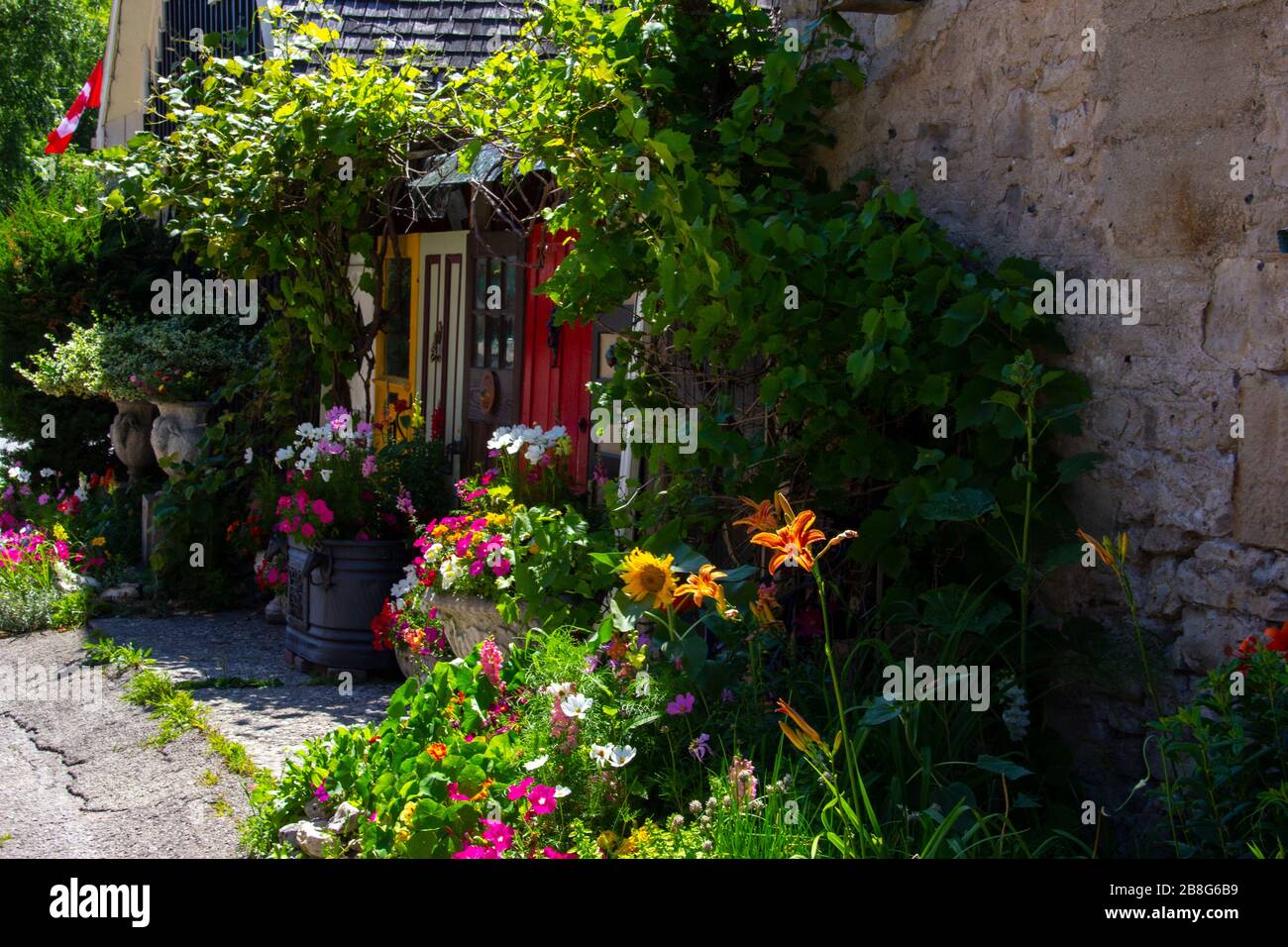 Flowers by doors to an old house Stock Photo - Alamy