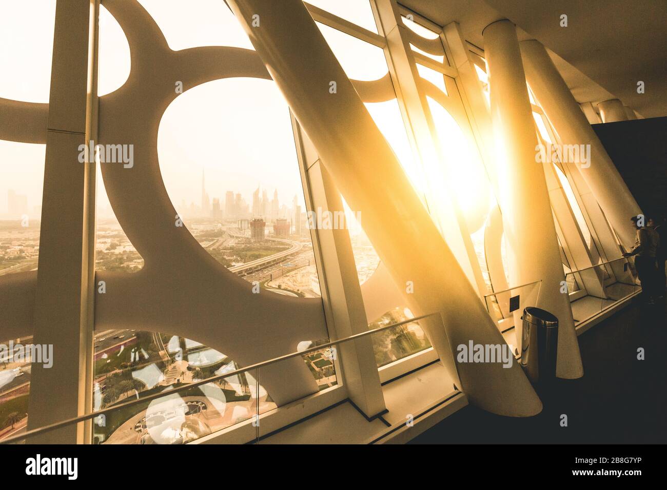 View of the skyline at sunset out of a window Dubai - UAE Stock Photo ...