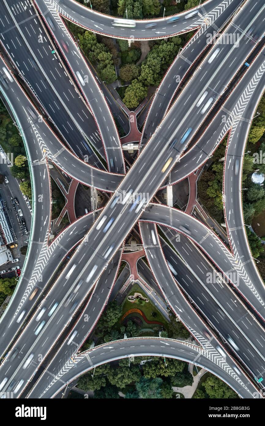 Aerial view of highway and overpass in east Yan`an road, Shanghai city ...