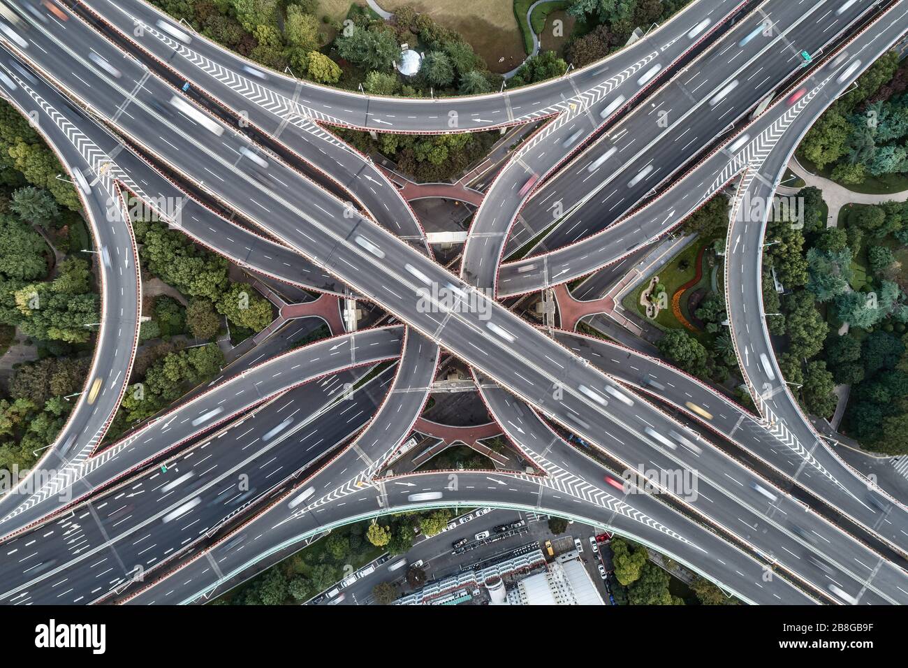 Aerial view of highway and overpass in east Yan`an road, Shanghai city ...