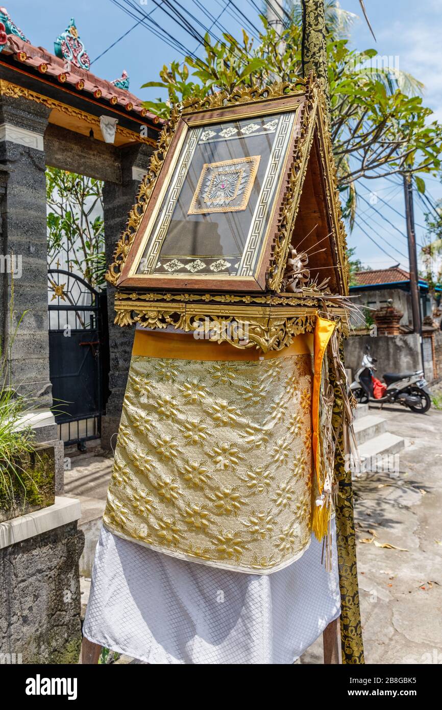 Balinese Hindu temporary street altar for Nyepi celebration. Ubud, Bali ...