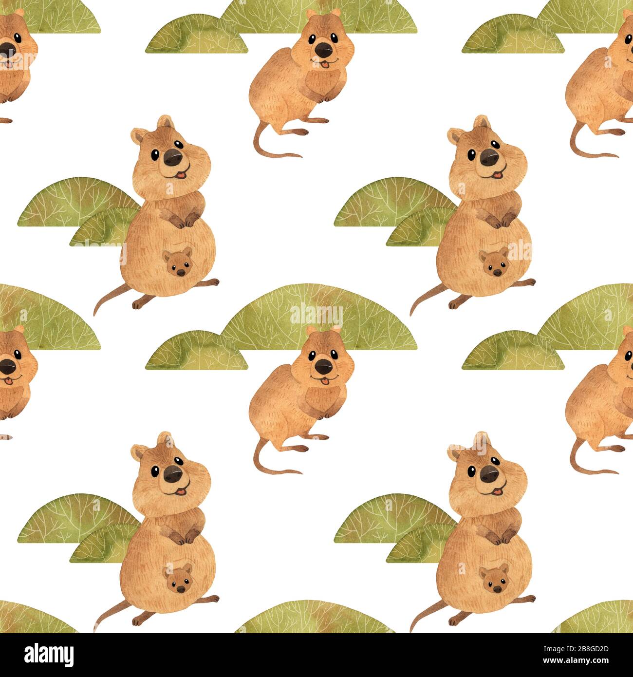 Pattern smiling australian quokka. Cute kawaii hand drawn watercolor ...