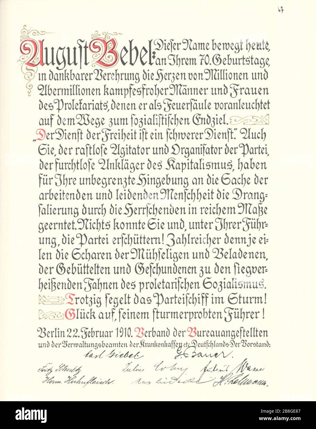 Goldenes Buch zum 70. Geburtstag August Bebel 1910 Seite 067 Stock ...