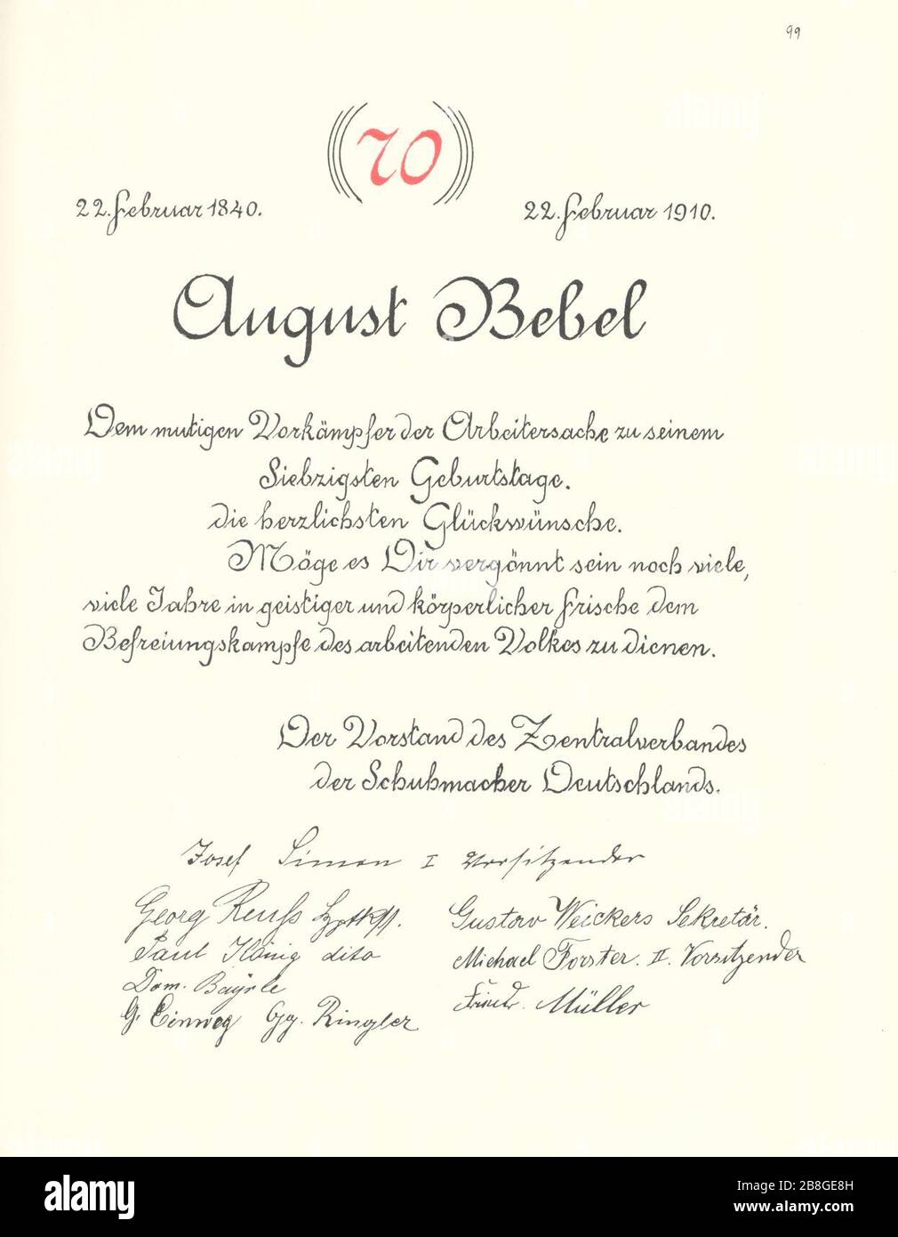 Goldenes Buch zum 70. Geburtstag August Bebel 1910 Seite 099 Stock ...