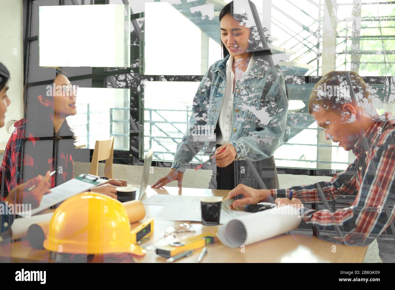 architect engineer interior designer team working discussing on house ...