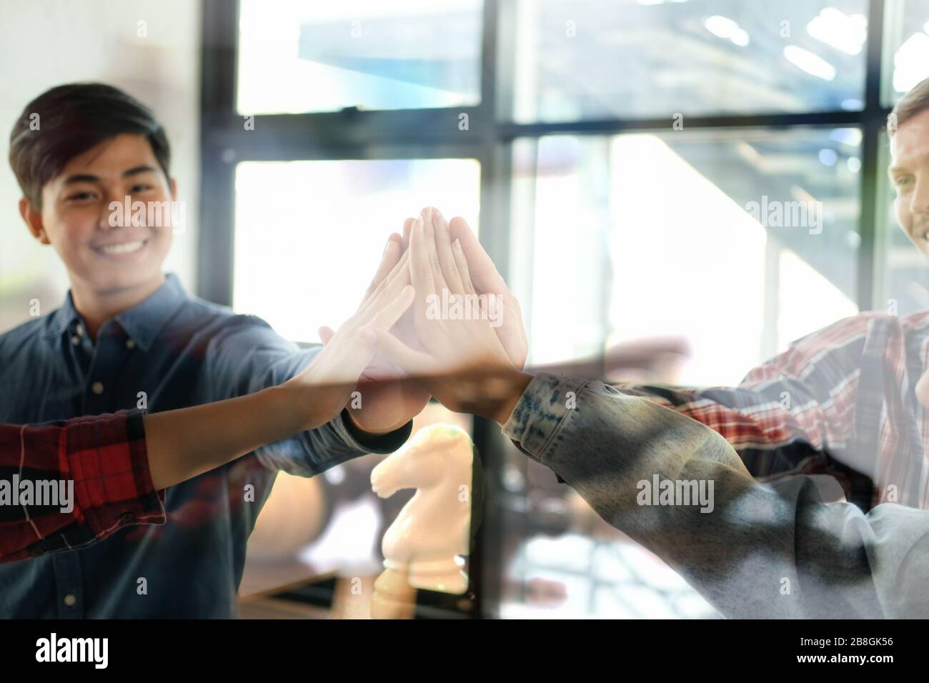 startup man woman joining united hand, business team touching hands ...