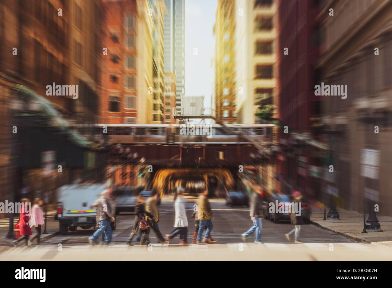 Blurred Crowd of Chicago street with traffic road intersection in rush ...