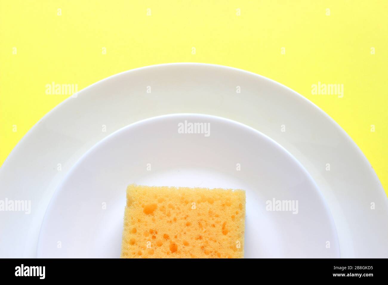means for washing dishes and sponges on a plate on a colored background ...