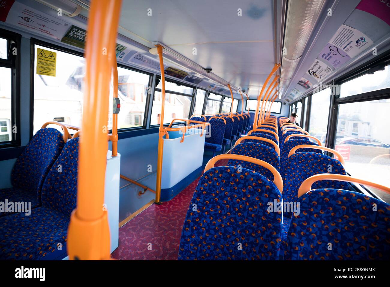 Clean comfortable interior of a public bus in St. Andrews, Scotland ...