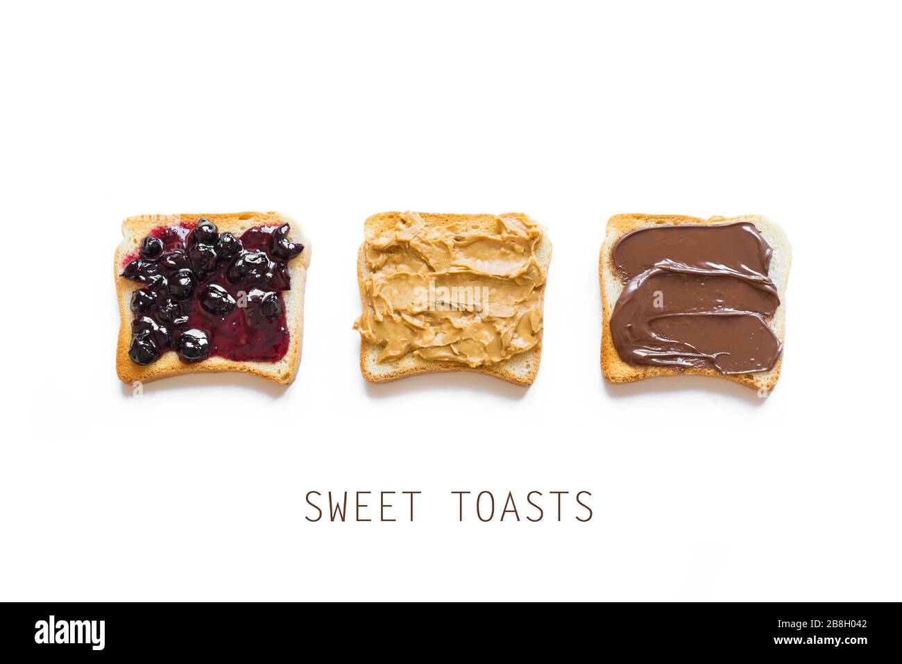 Three toasts, bread with chocolate spread, peanut butter and jam ...