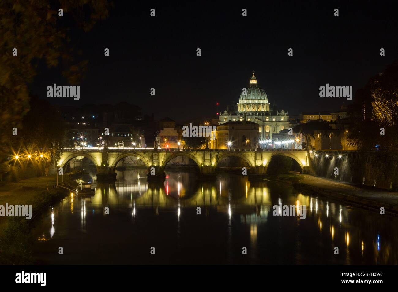 Night scene of Rome, Tevere river with Saint Peter basilica in ...