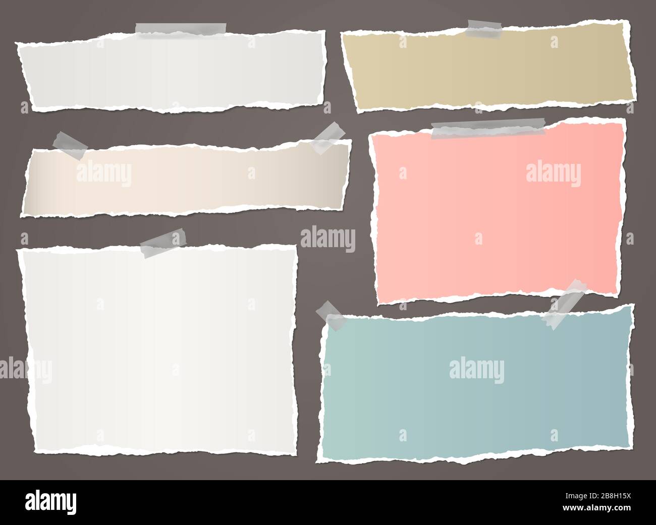 Torn of white and colorful note, notebook paper strips, pieces stuck ...