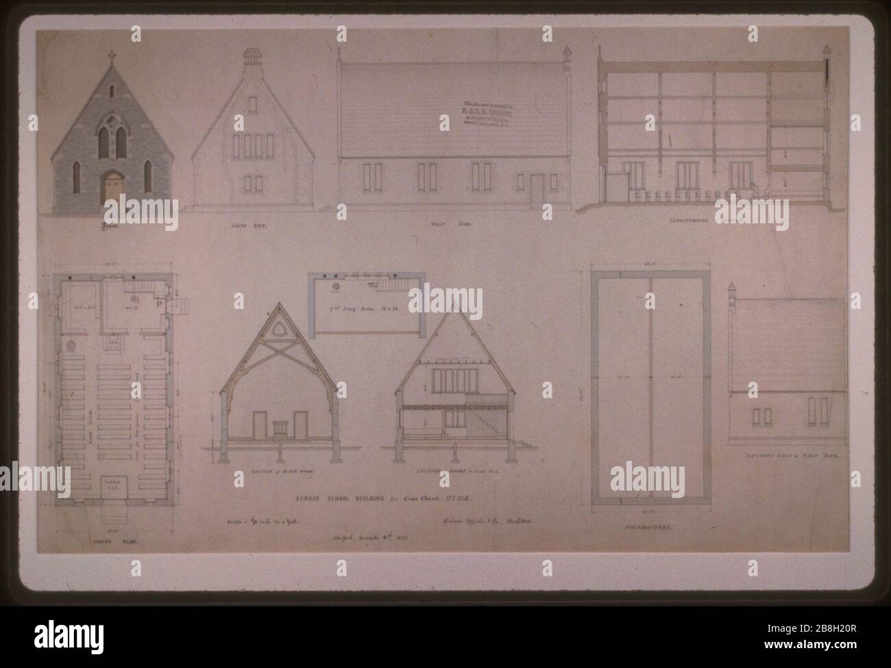 Grace Church (Utica, New York). Sunday school building. Elevation, plan ...