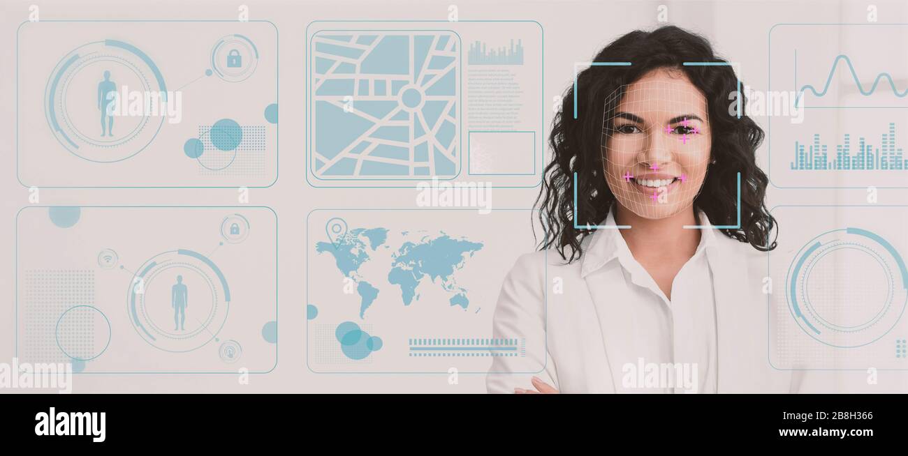 Data check of smiling woman on white background with diagrams on ...