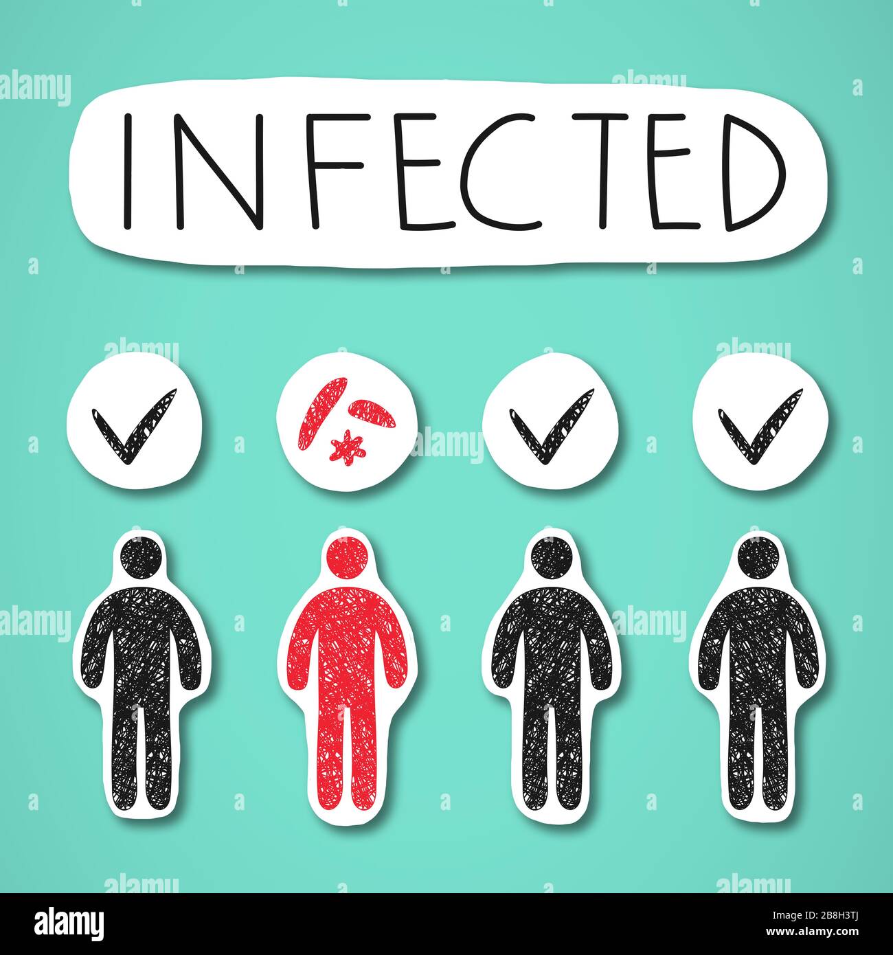 Sick and healthy human figures and word INFECTED on blue background ...