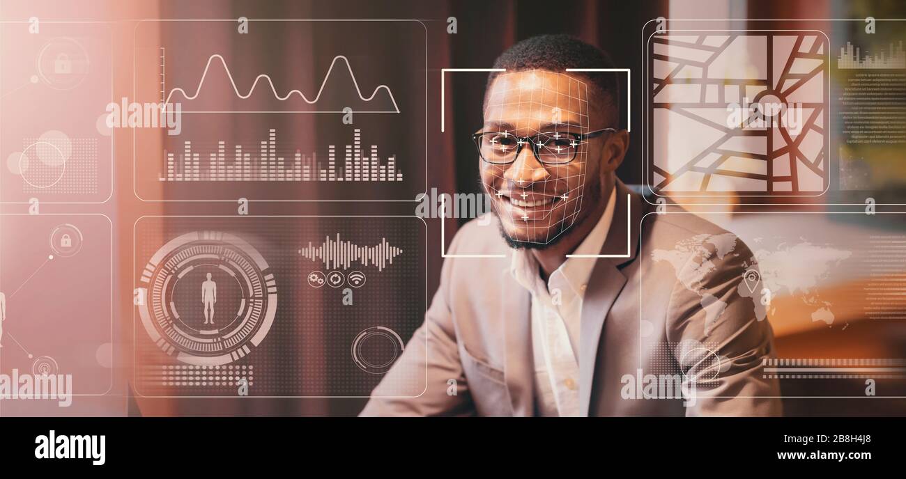 Face scan of African American businessman, double exposure of office ...