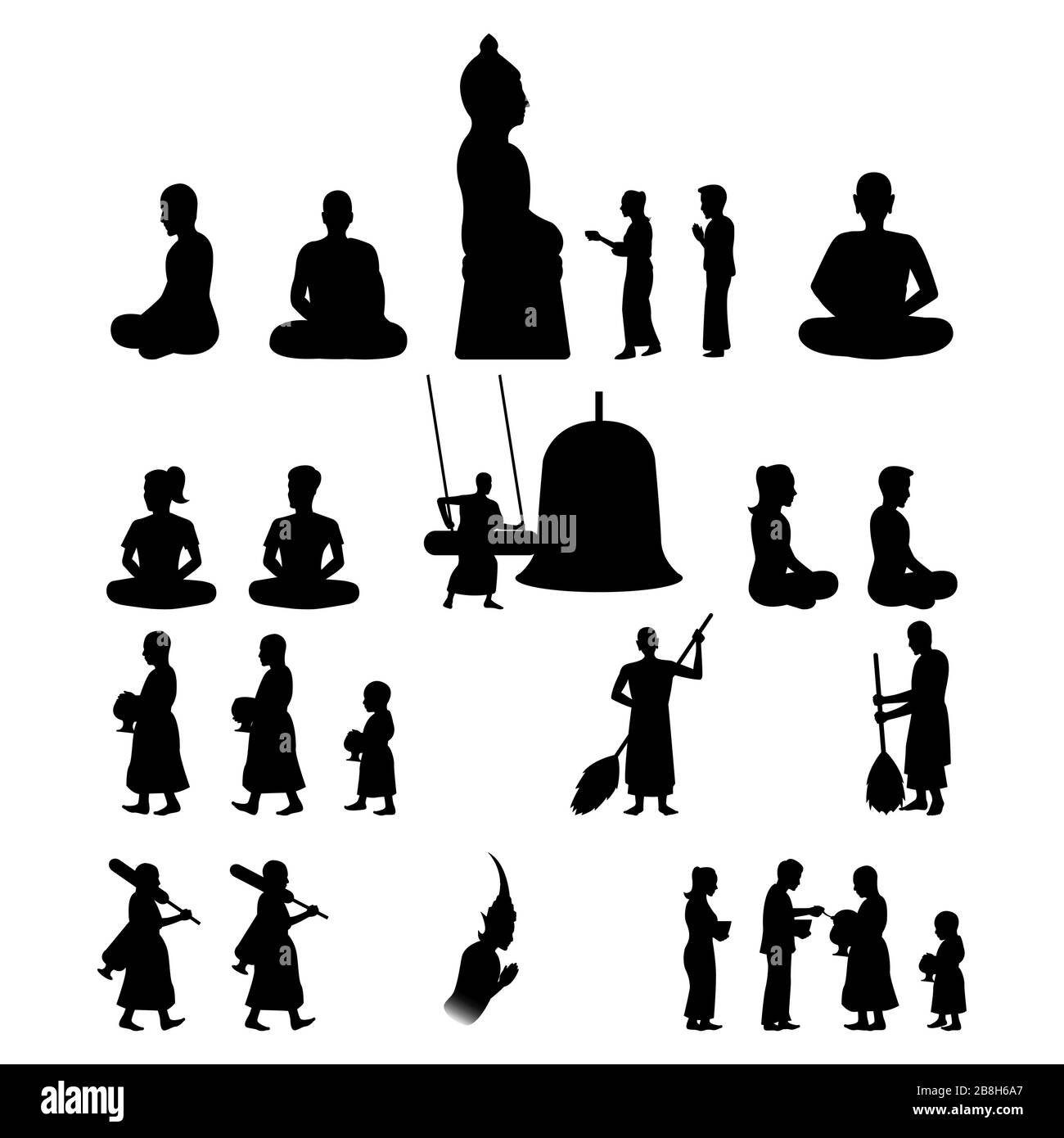 set of Buddha monk and Buddhism activities with black silhouette,vector ...