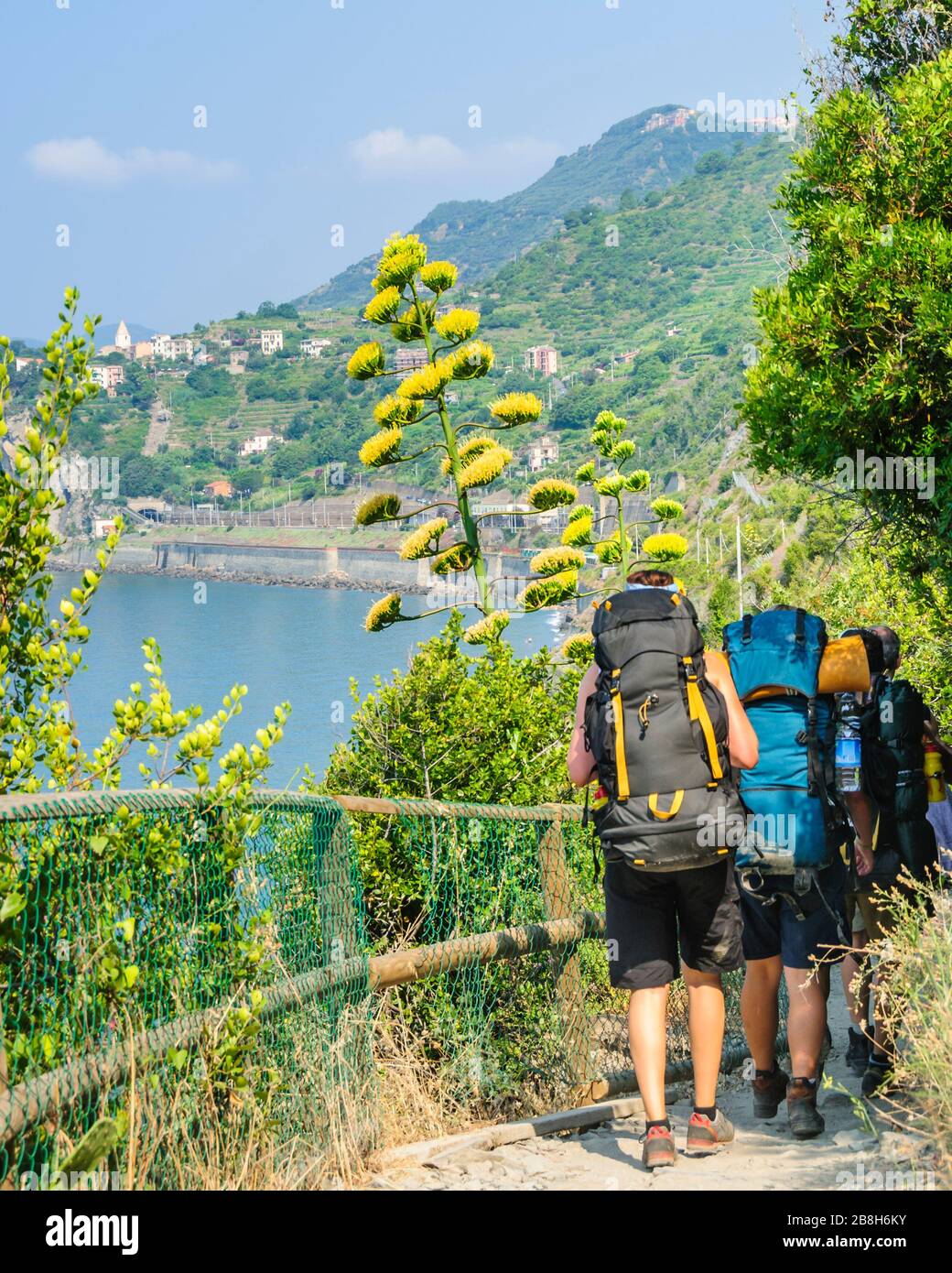 Hikers on famous trail along ligurian coast in italy Stock Photo - Alamy