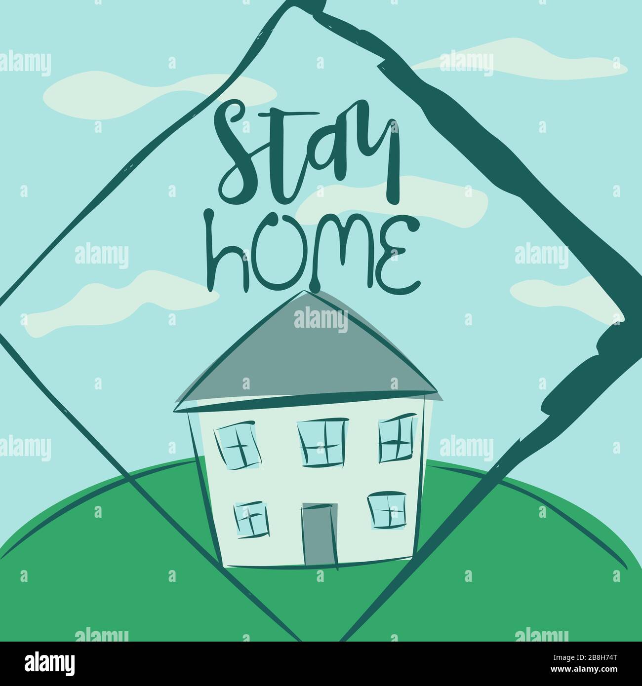 Cute and cozy illustration with drawn house and text 'stay home' on ...