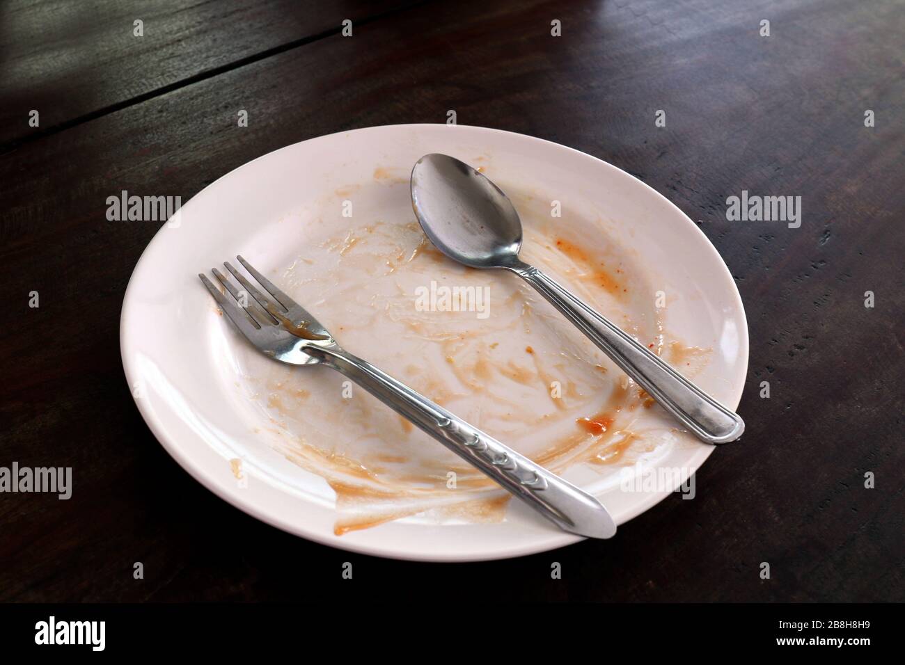 empty and dirty dish after eating food, plate fork and spoon Stock ...