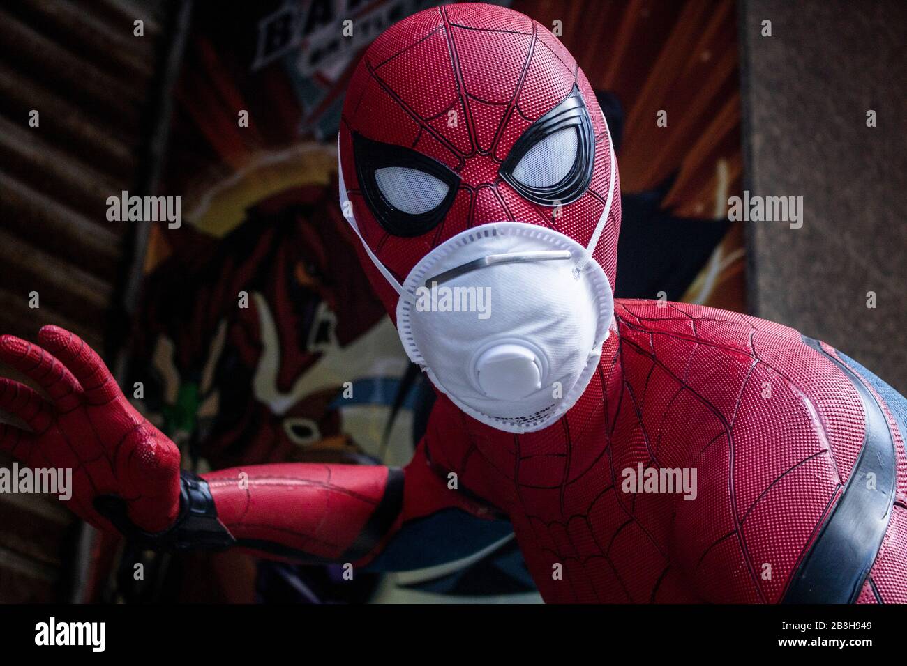 Beirut, 22 March Comic superhero Spiderman wearing a protective ...
