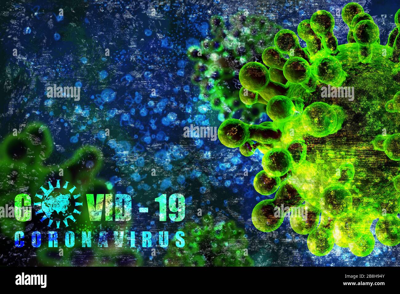 Illustration of corona viruses, covid-19 with text on blue particles ...