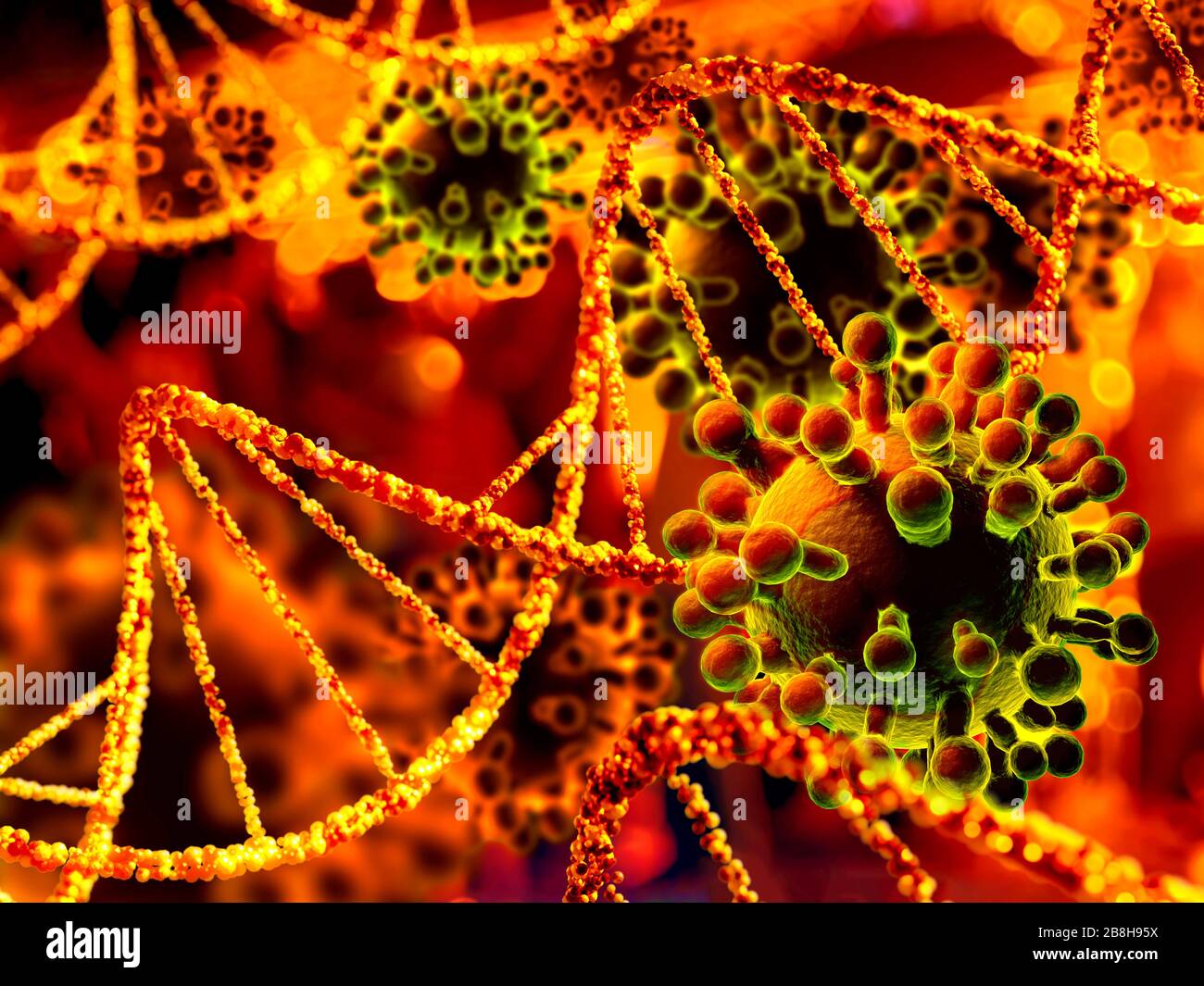 Illustration of corona viruses, covid-19 with DNA on orange background ...