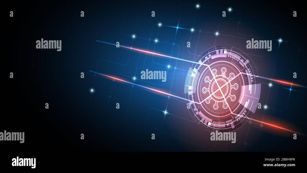 Glowing coronavirus icon with abstract technology background, circuit pattern and sparkle effect ...