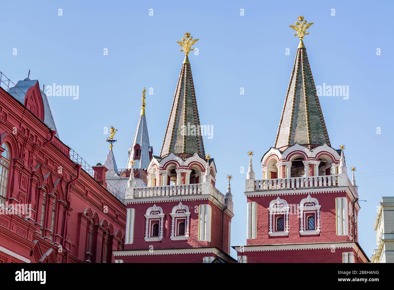 close up of Voskresenskie gates on Red Square in Moscow, Russia Stock ...