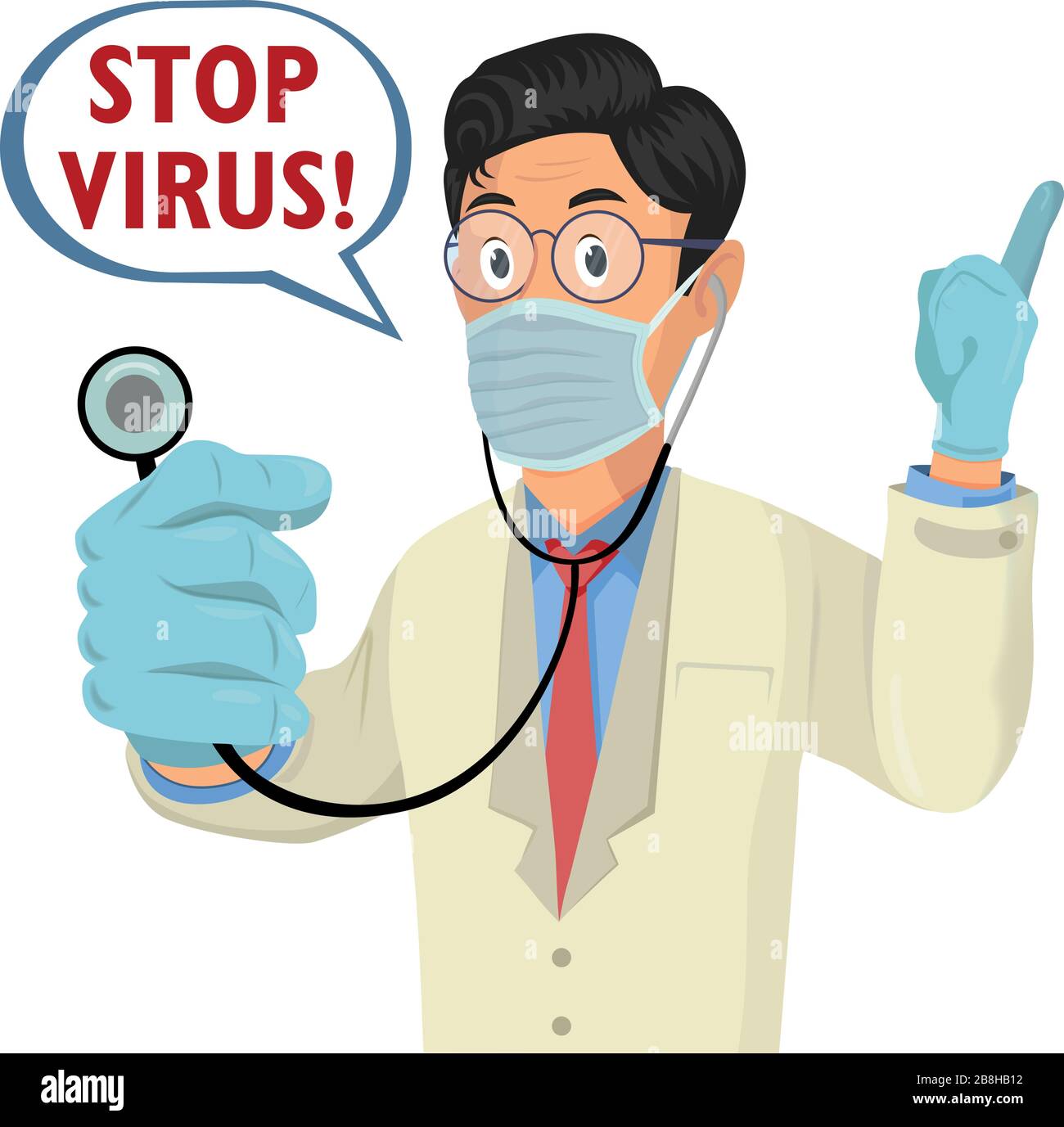 Cartoon doctor in medical mask using stethoscope and says STOP VIRUS ...