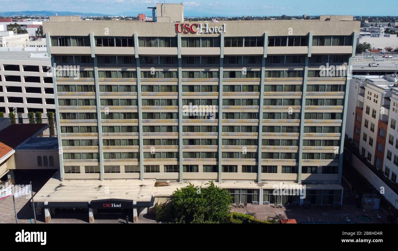 General overall aerial view of the USC hotel, Saturday, March 21, 2020 ...