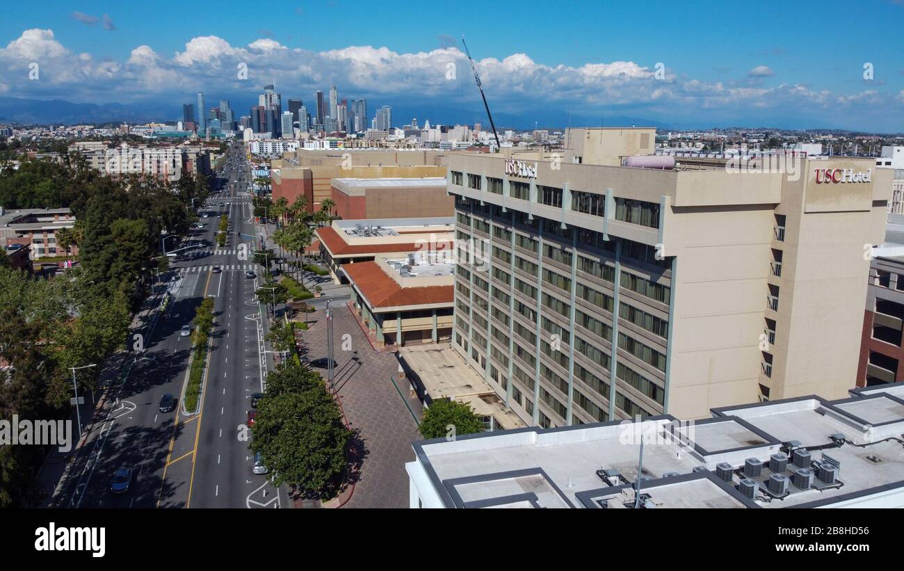 General overall aerial view of the USC hotel, Saturday, March 21, 2020 ...
