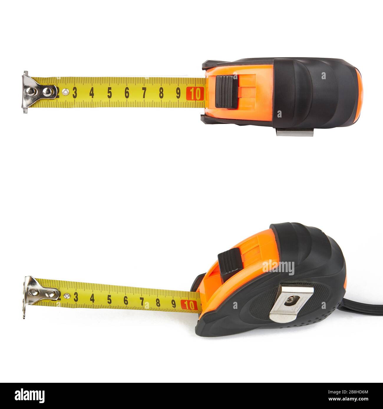 Yellow tape measure isolated on white background from above with ...