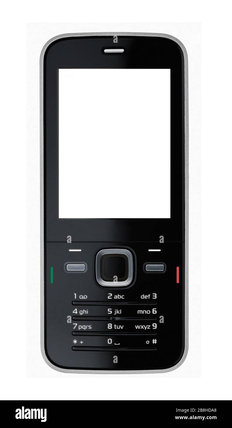 Black cell phone isolated against a white background with all logos ...