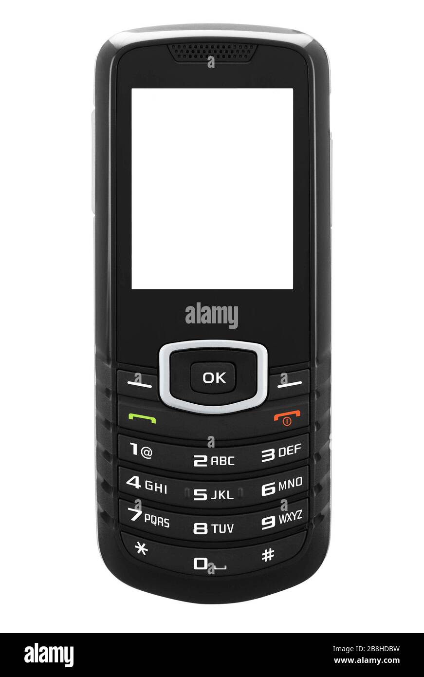 Black cell phone isolated against a white background with all logos ...