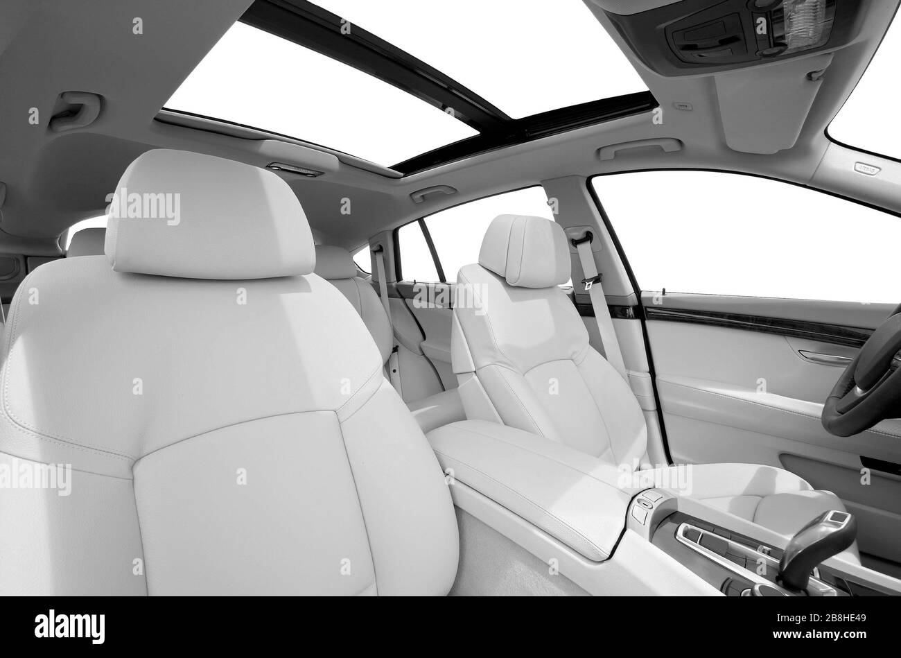 Seats and panarama window in modern white sport car, back view Stock ...