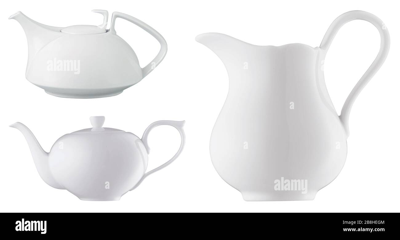 White Ceramic Jug and two Teapots on a white background Stock Photo - Alamy
