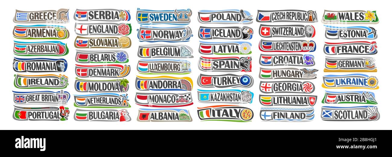 Vector set of European Countries with flags and symbols, 44 isolated ...