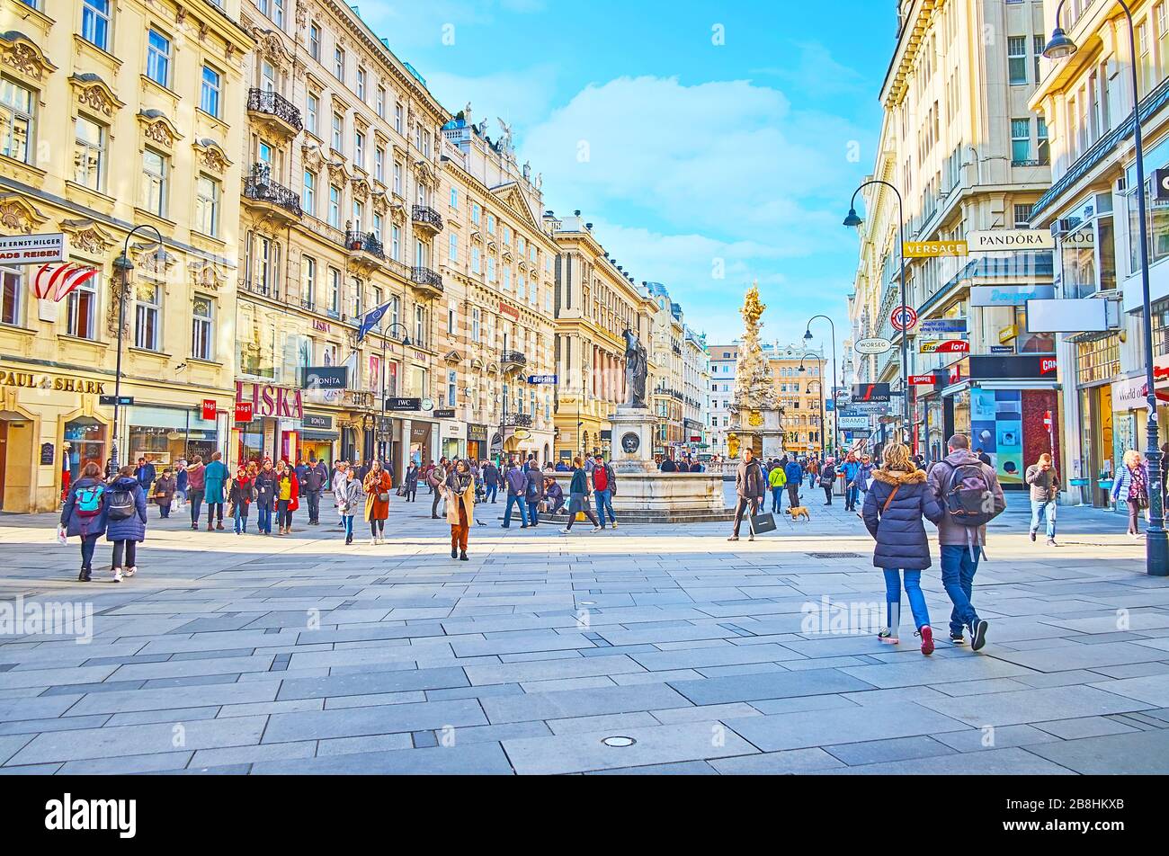 VIENNA, AUSTRIA - FEBRUARY 19, 2019: Graben street is popular tourist ...