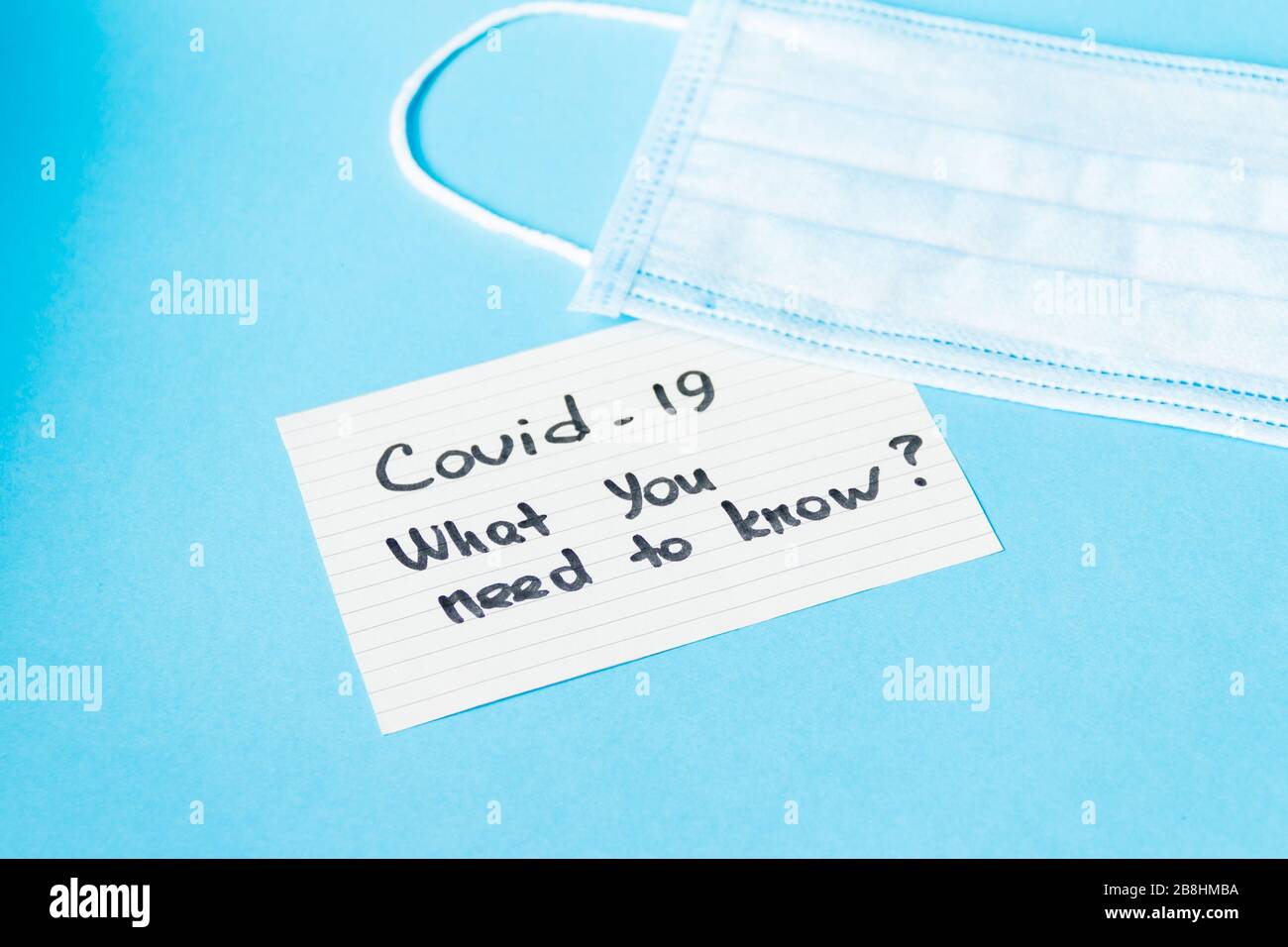 Coronavirus concept. Face mask and what you need to know frame on blue ...