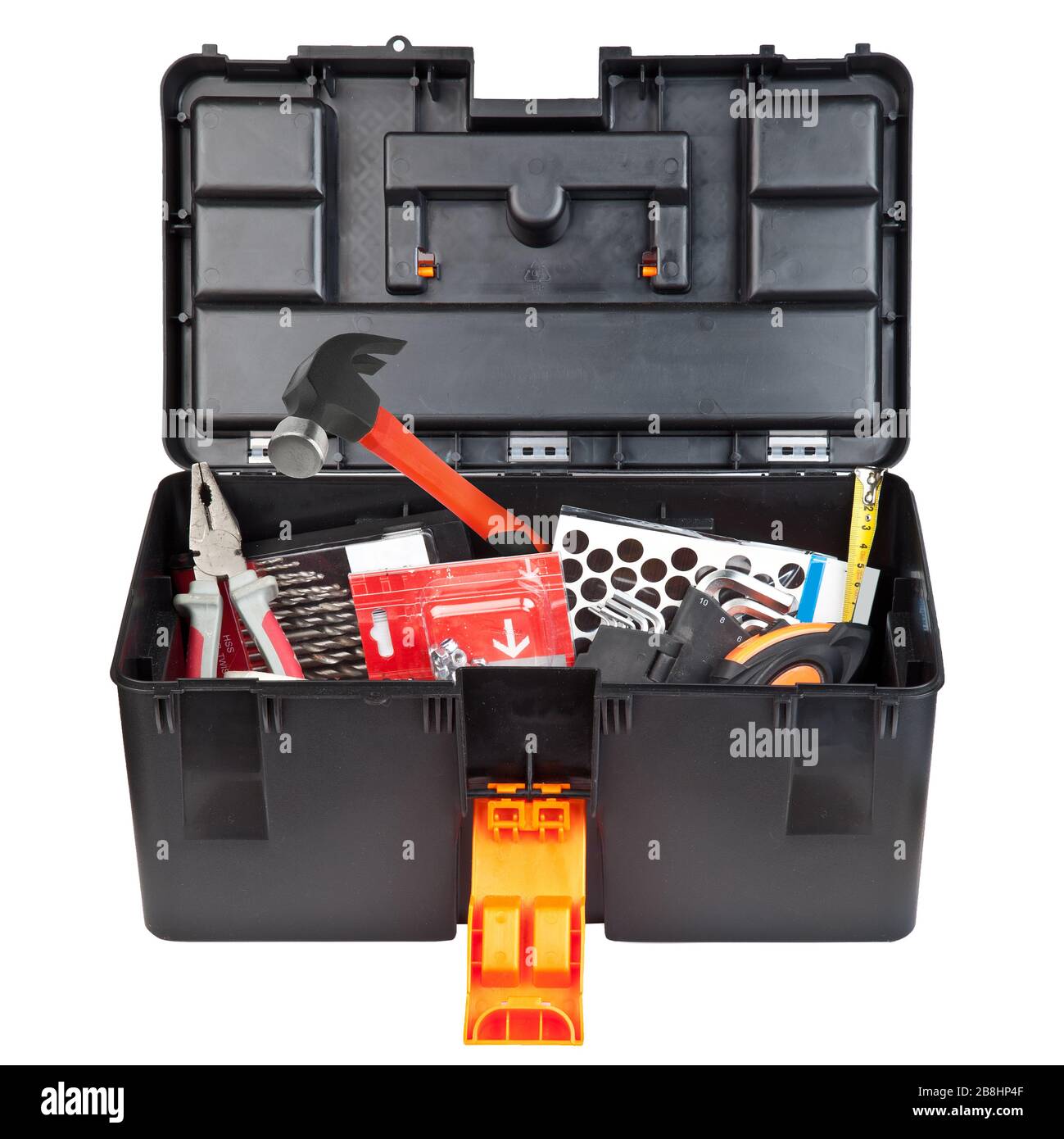 Tools and instruments is in a black plastic box isolated on white ...